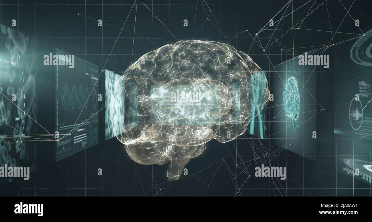 Image of digital brain and data processing on black background Stock ...