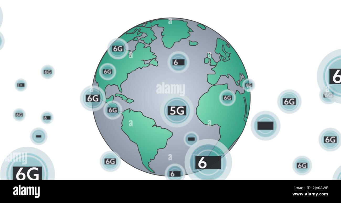 Image of 6g floating over globe on white background Stock Photo - Alamy