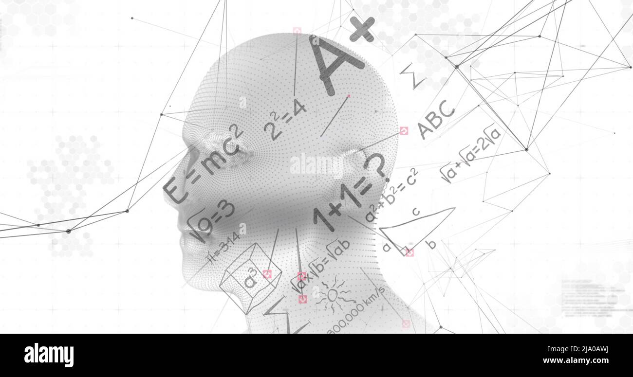 Image of digital head and mathematical equations on white background ...