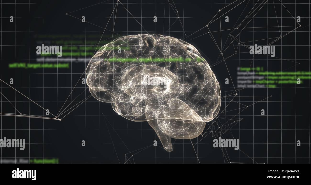 Image of digital brain and data processing on black background Stock ...