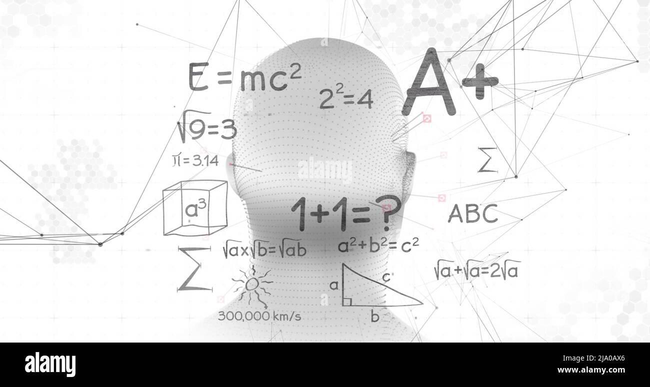 Image of digital head and mathematical equations on white background ...