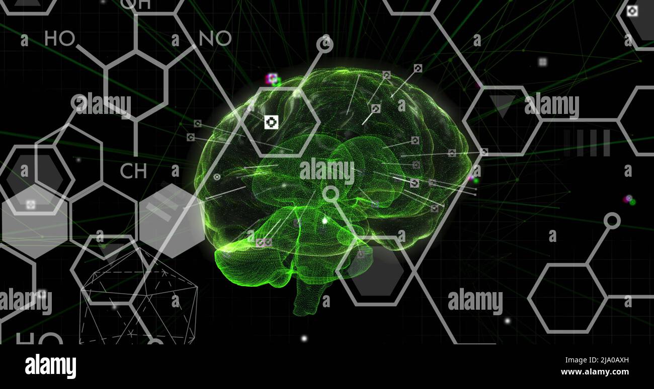 Image of digital brain and shapes on black background Stock Photo - Alamy