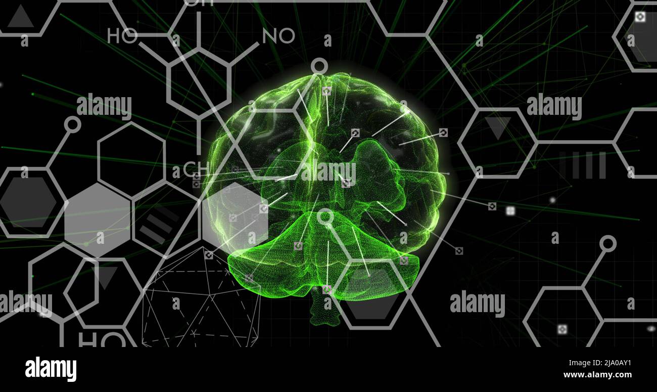 Image of digital brain and shapes on black background Stock Photo - Alamy