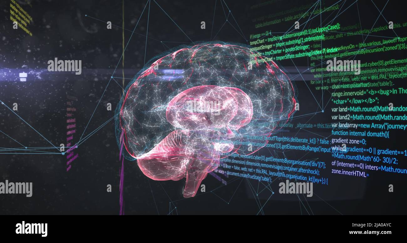 Image of digital brain and data processing on black background Stock ...