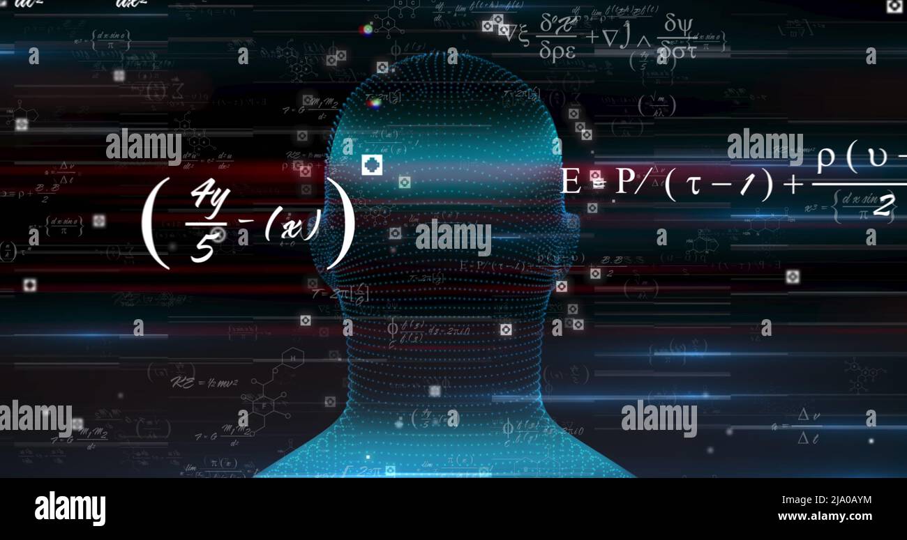 Image of digital head and mathematical equations on black background ...