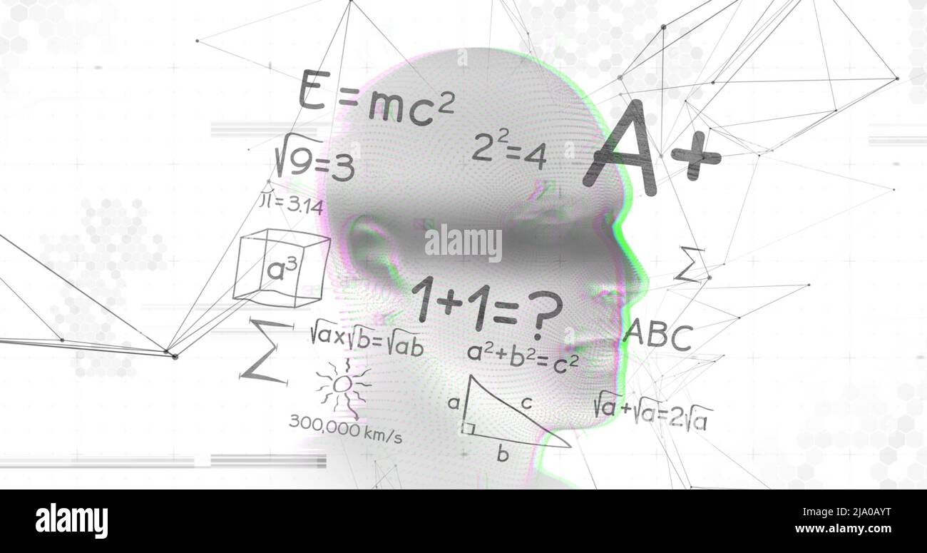 Image of digital head and mathematical equations on white background ...