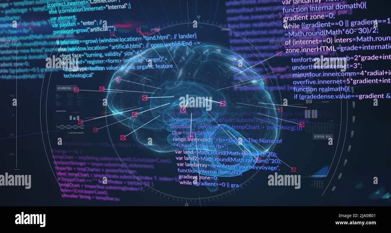 Image of digital brain and data processing on black background Stock ...