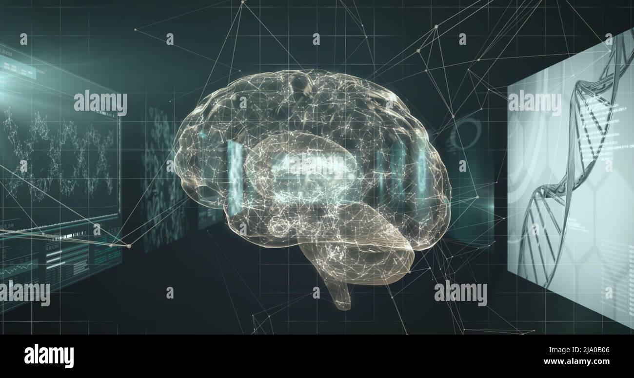 Image of digital brain and data processing on black background Stock ...