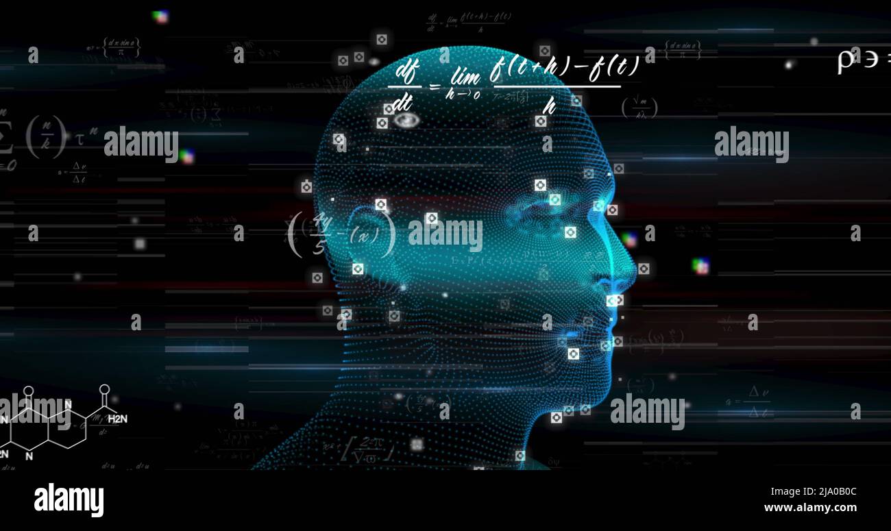 Image of digital head and mathematical equations on black background ...
