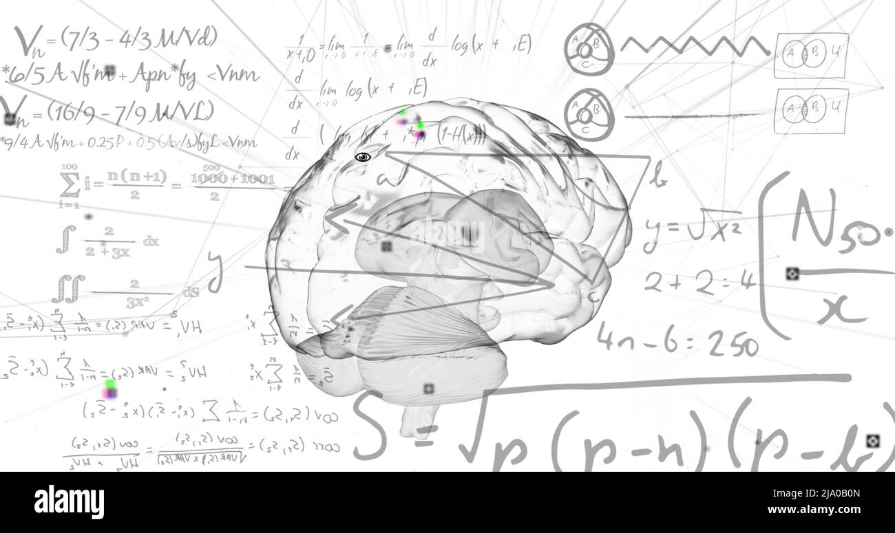 Image of digital brain and mathematical equations on white background ...