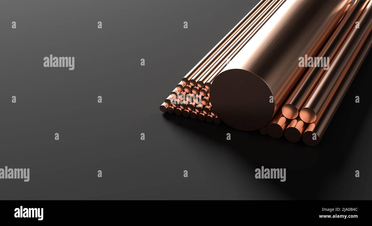 Copper rodes isolated on dark background. Stack of copper rodes. 3D ...