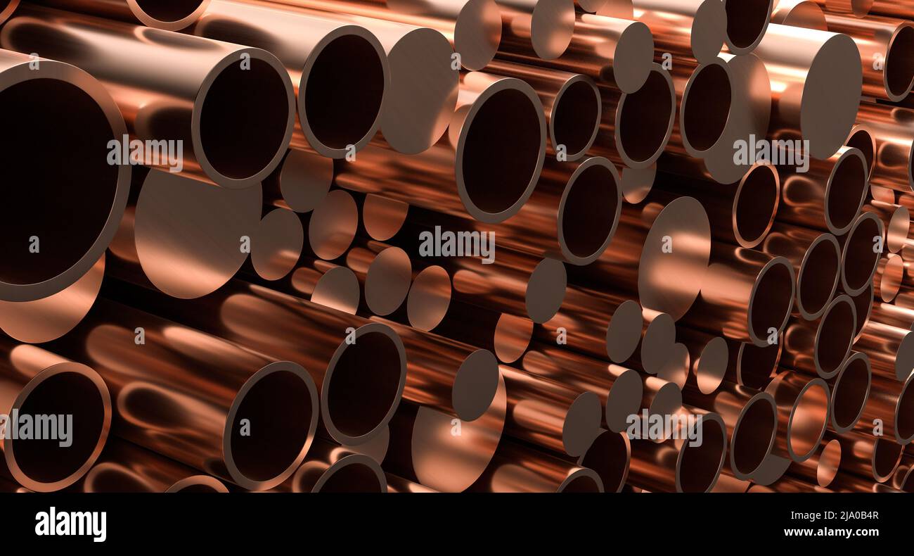 Copper pipes isolated on dark background. Stack of copper pipes. 3D ...