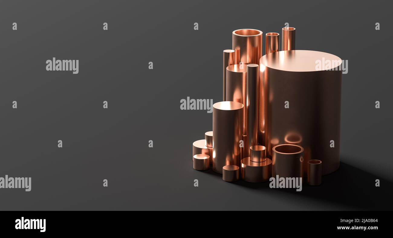 Copper pipes and rodes isolated on dark background. Stack of copper pipes and rodes. 3D ...