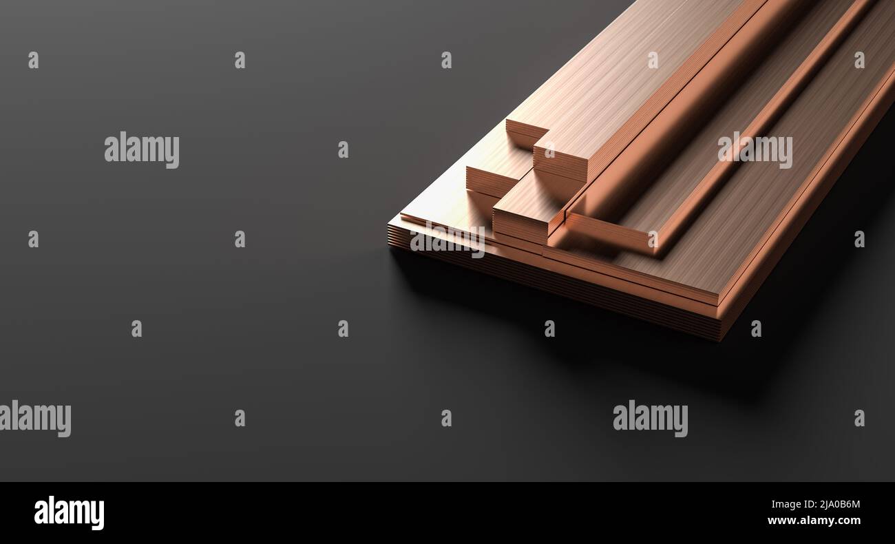 Stack of copper plates isolated on dark background. 3D illustration ...