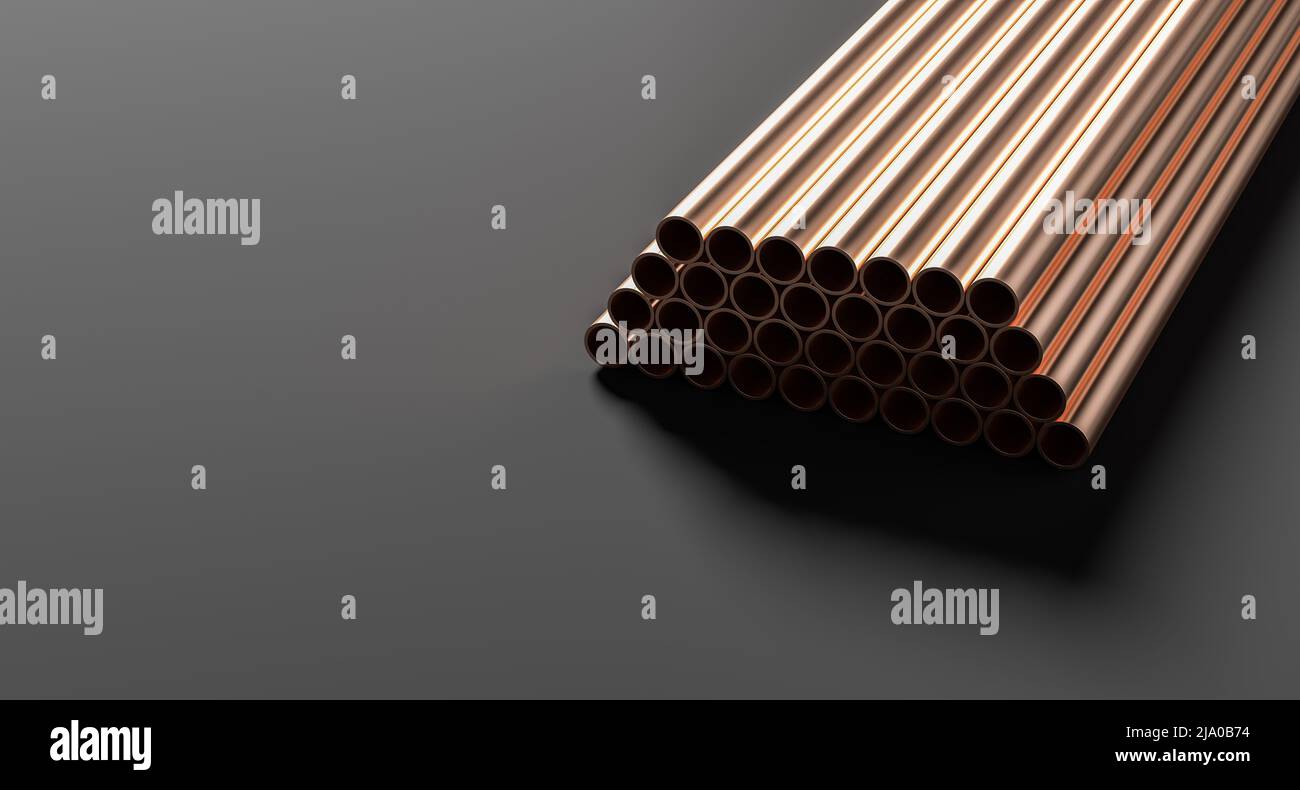Copper pipes isolated on dark background. Stack of copper pipes. 3D ...