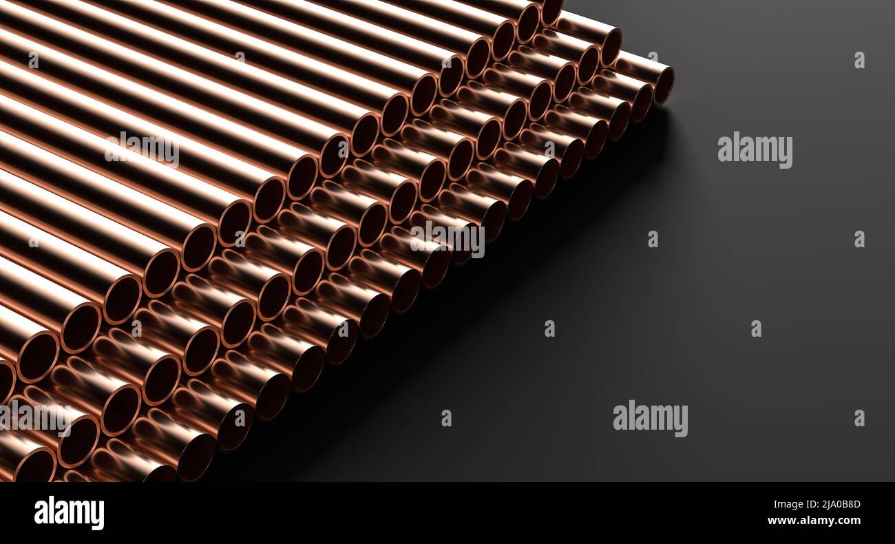 Copper pipes isolated on dark background. Stack of copper pipes. 3D ...