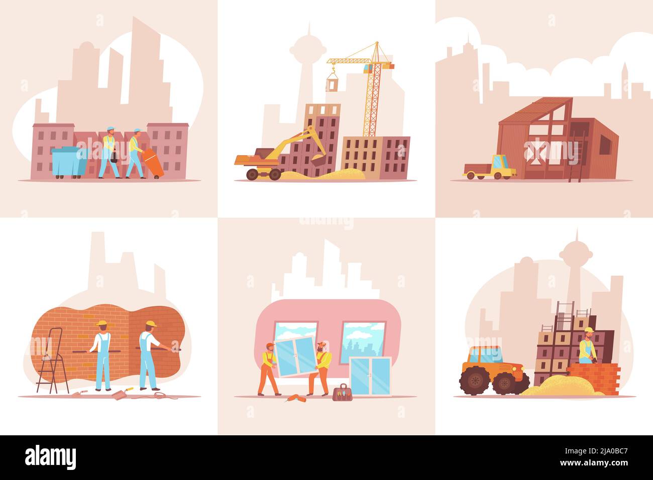 Home construction set of six square compositions with flat images of ...