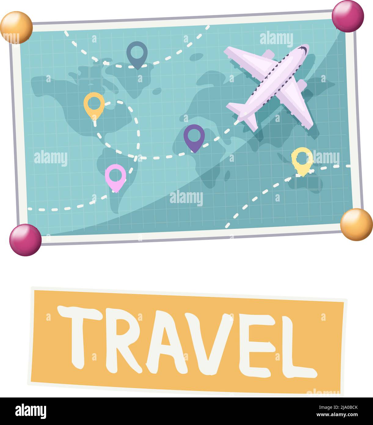Vision board composition with world map with plane and location signs ...
