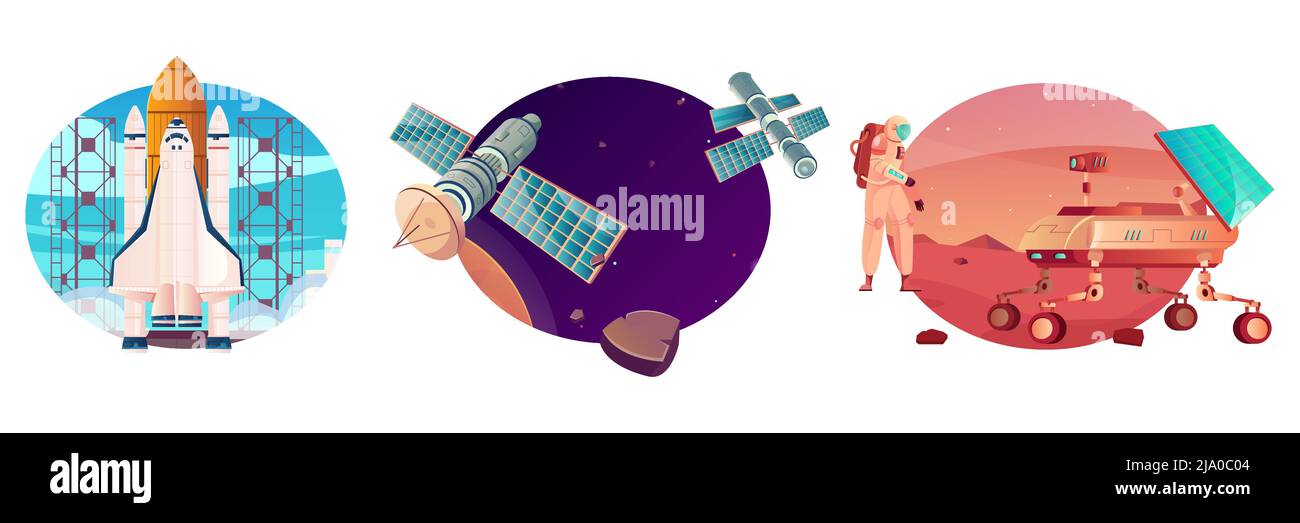 Space technology set of isolated compositions with flat images of ...