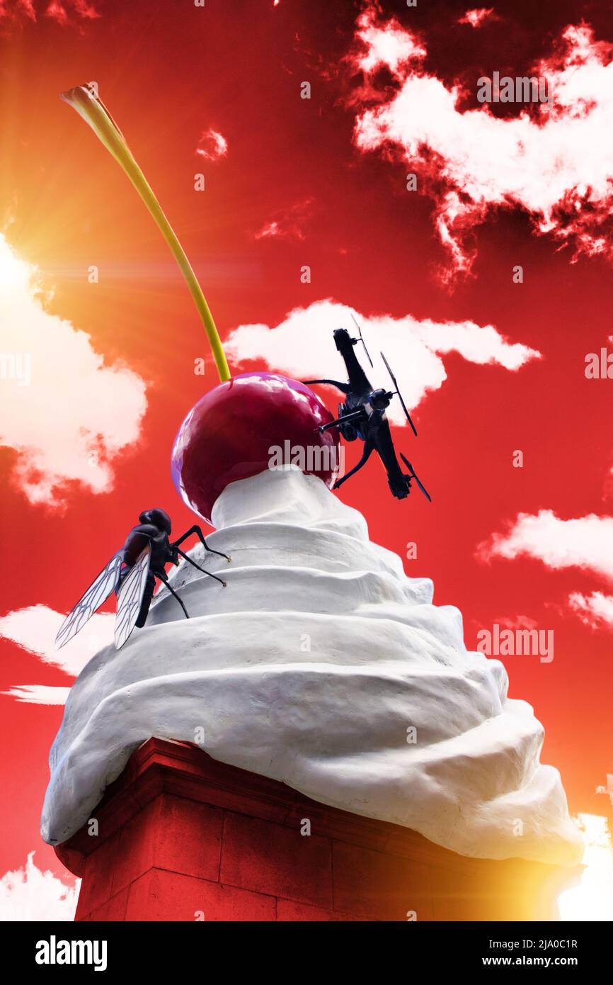 A giant sculpture of whipped cream with cherry on top and a drone along ...
