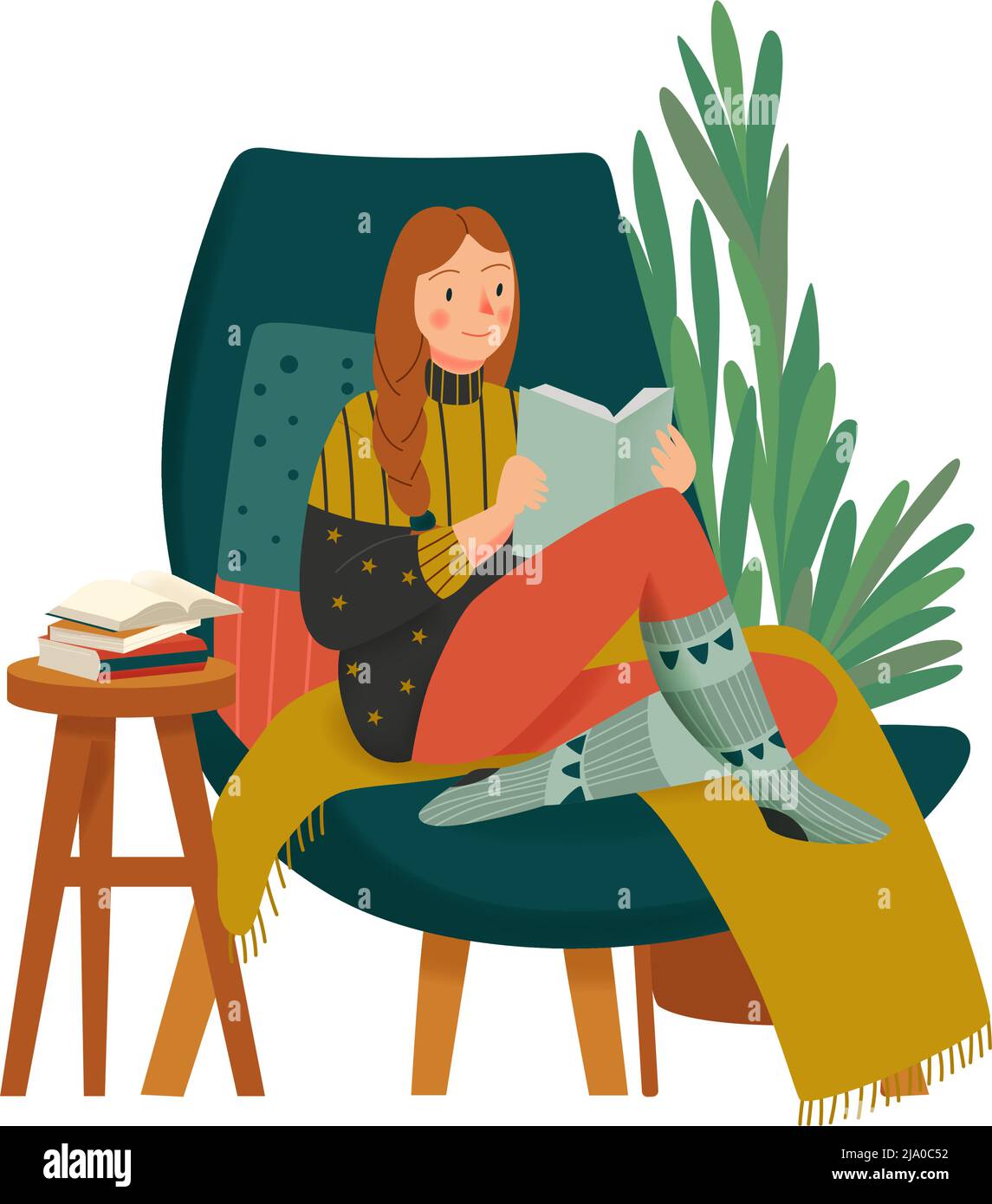 Cozy home composition with character of girl in warm clothes reading ...
