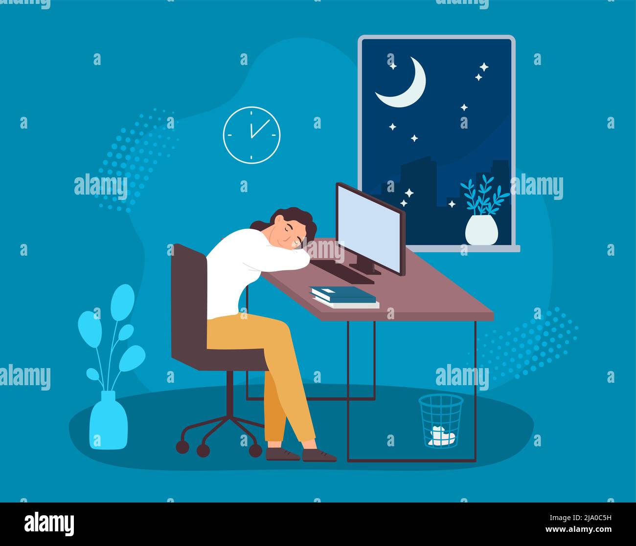 Man work late at night, hard working on workplace Stock Vector Image ...