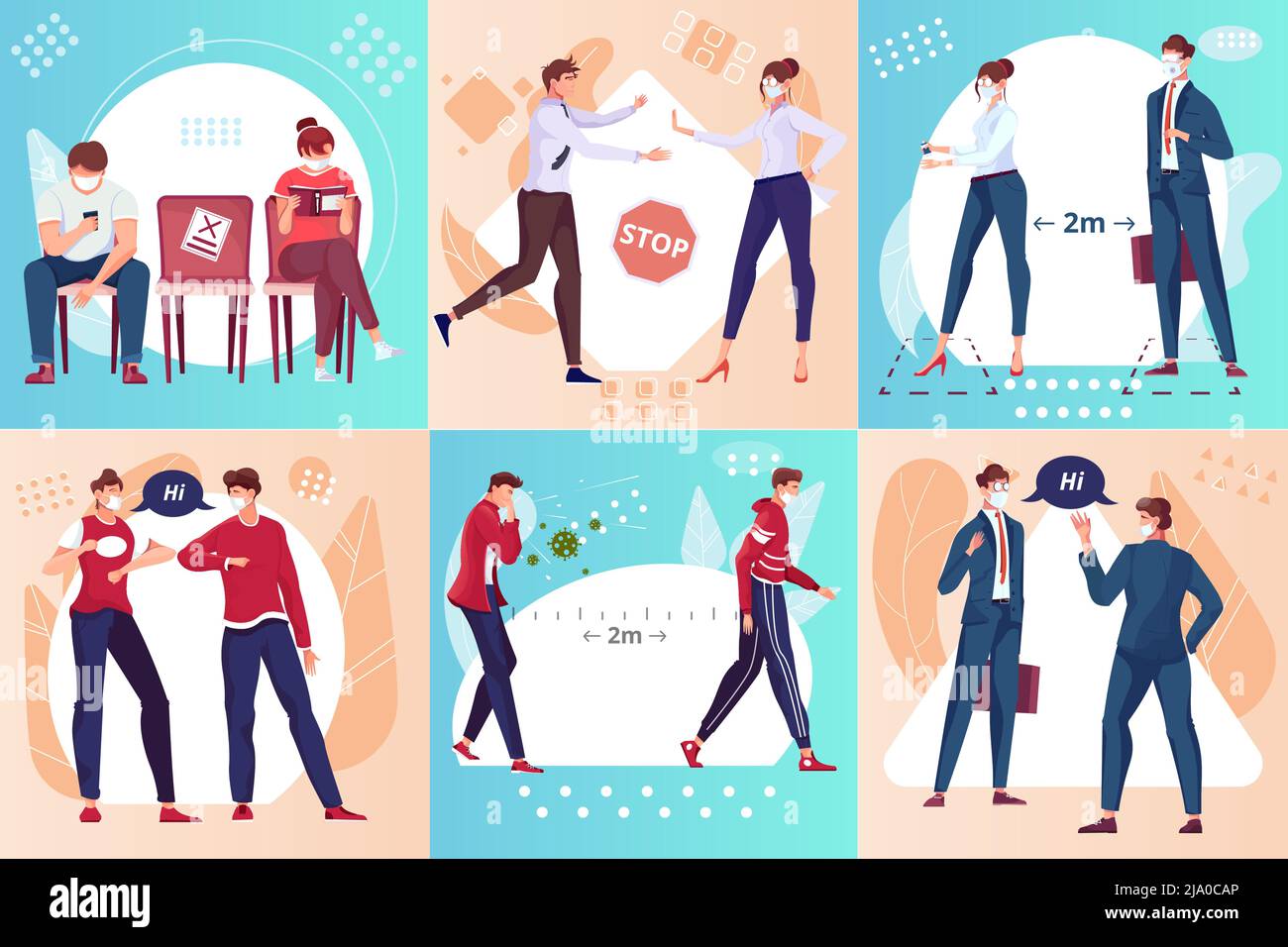 Social distance design concept with doodle human characters of ...