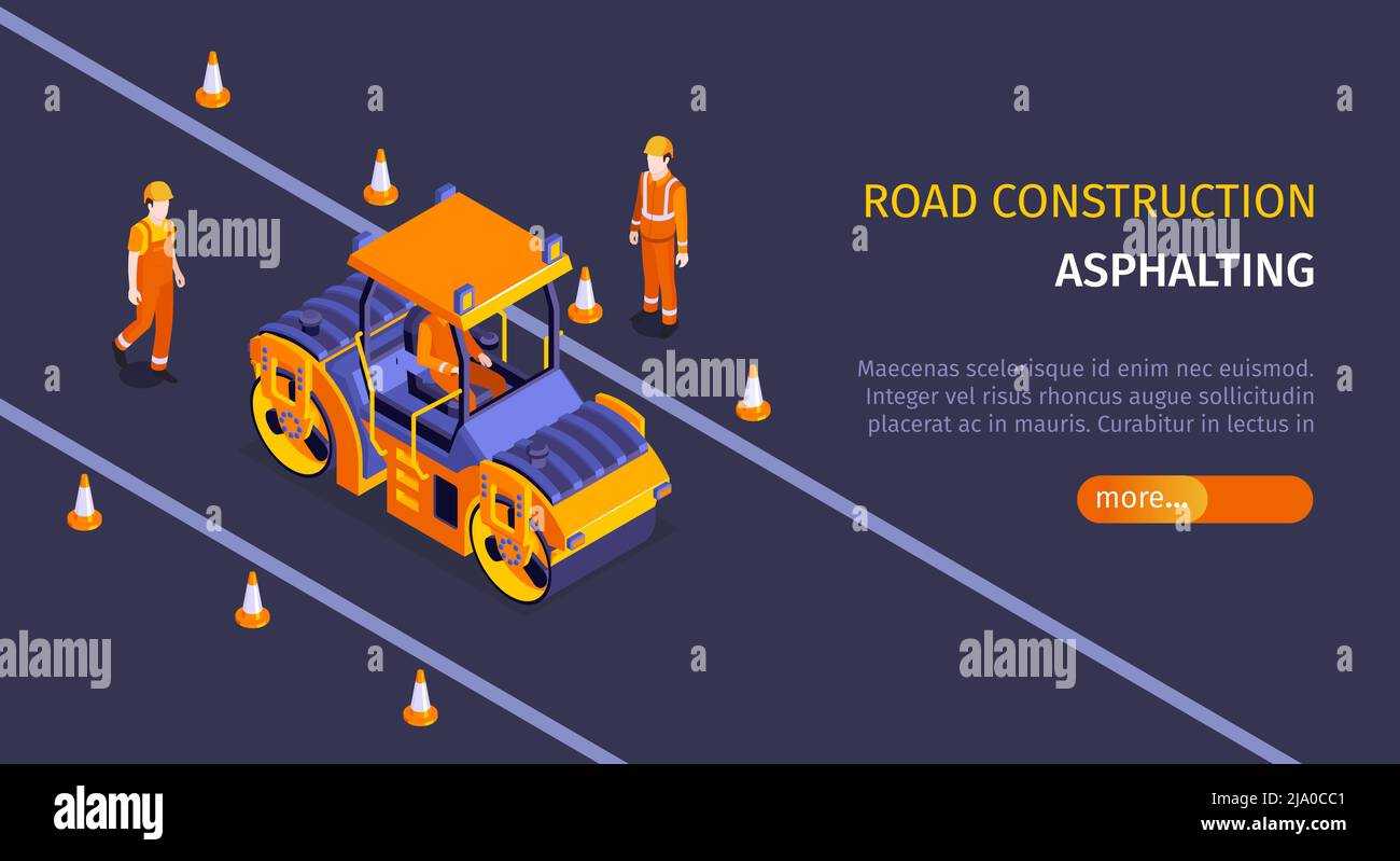 Isometric road construction horizontal banner with editable text slider ...