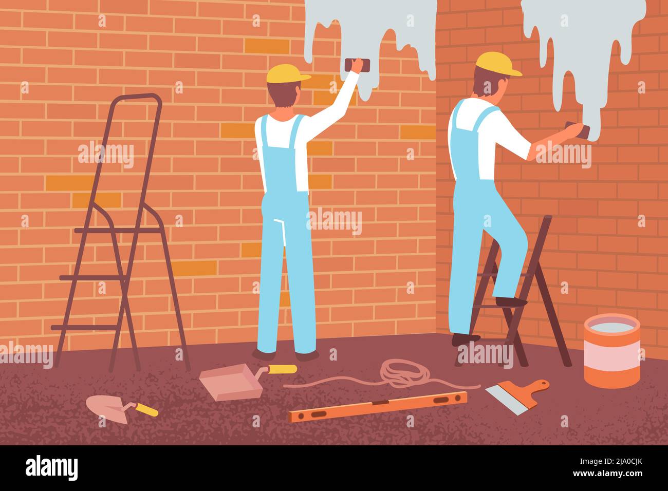 Wall alignment flat composition with indoor view of finishers painting ...