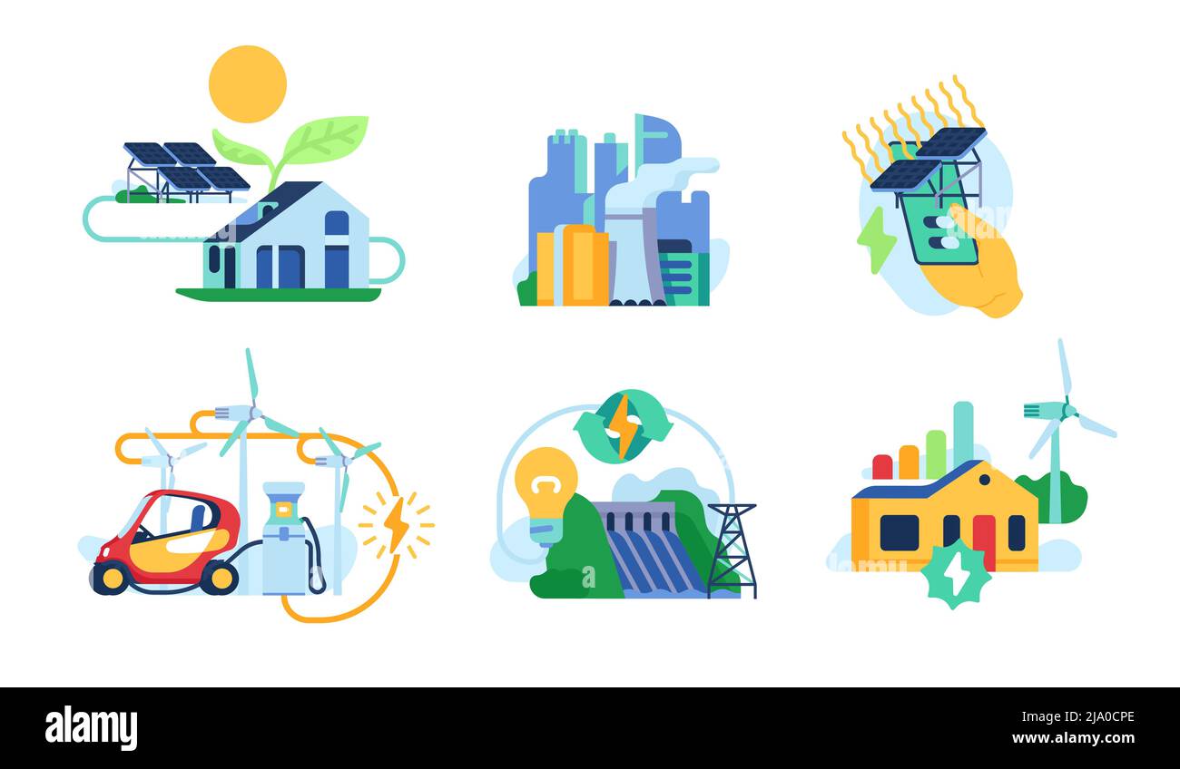 Alternative energy types. Different power sources. Solar, water and ...