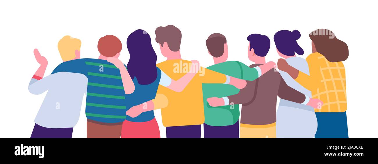 Hugging friend group. Back view people. Teamback colleagues cuddle ...