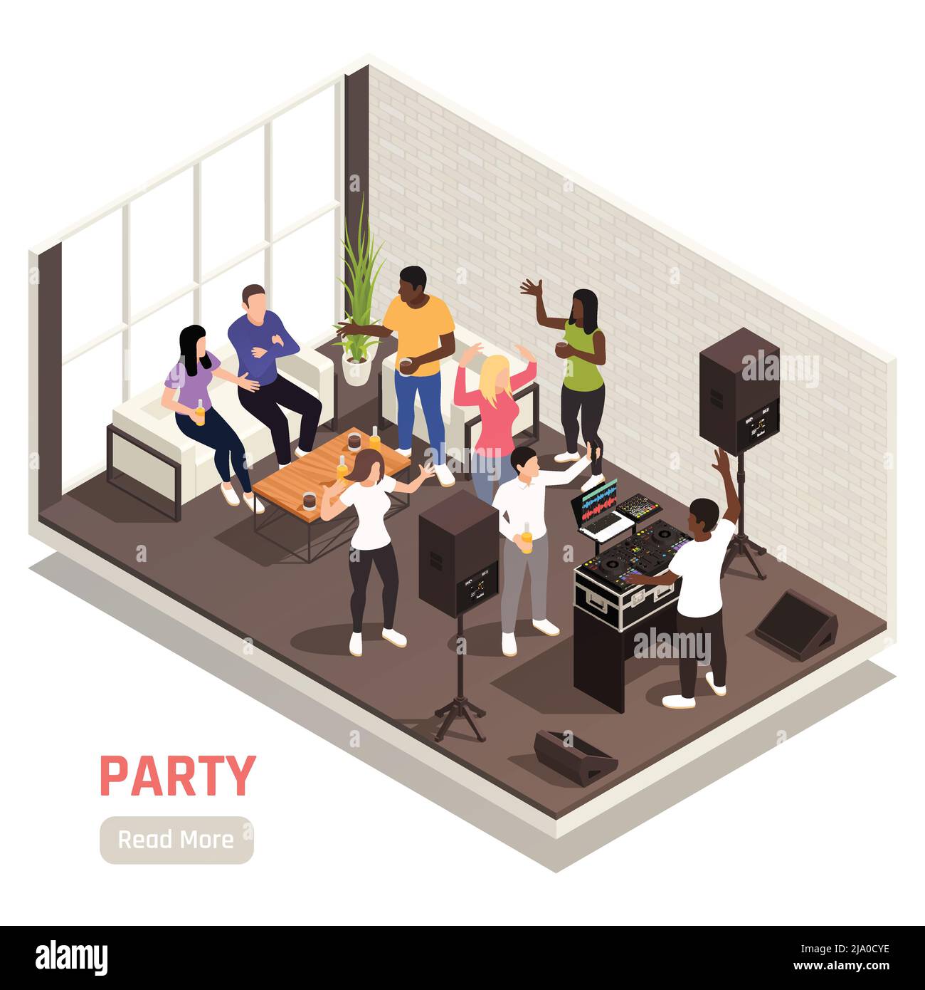 Corporate dj entertaining team building party isometric interior ...