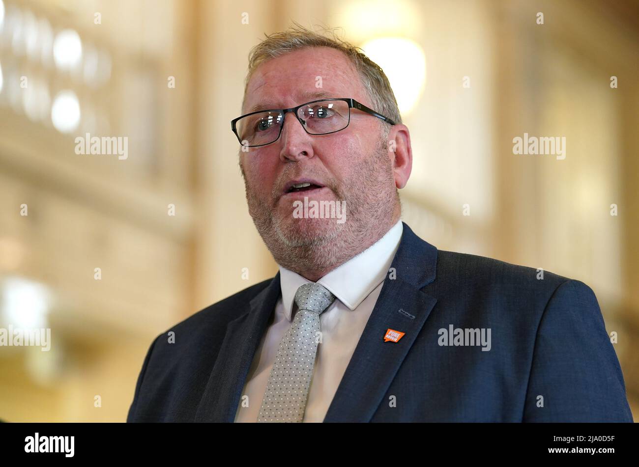 UUP leader Doug Beattie speaking to the media in the great hall ...