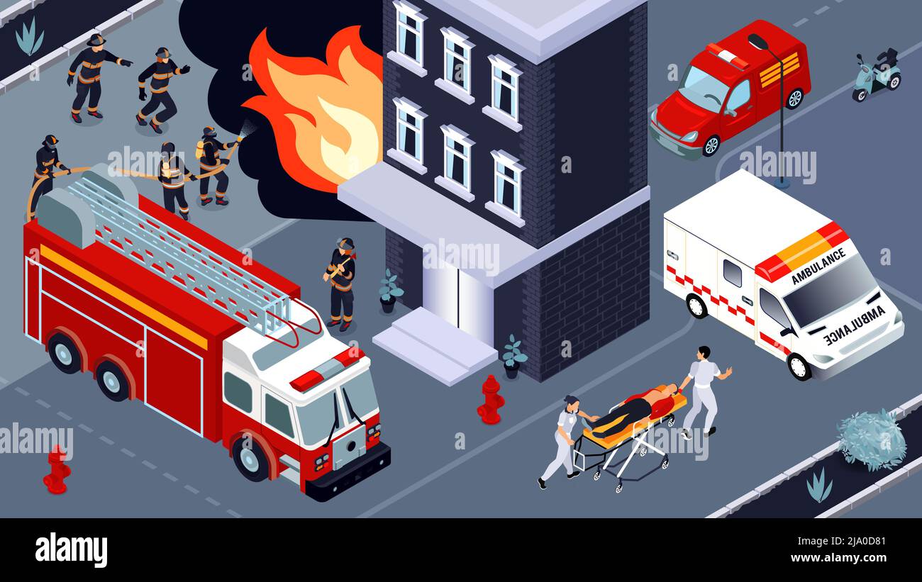 Firefighting isometric vector illustration with brigades of ...