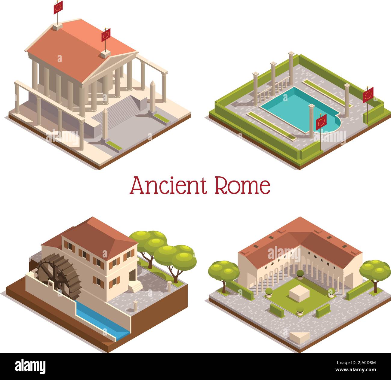 Ancient rome tourists attractions landmarks 4 isometric compositions ...