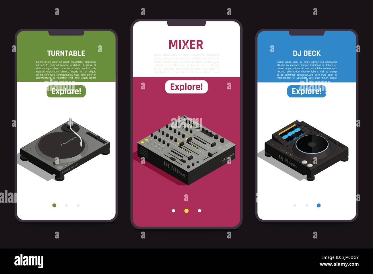 DJ tools online 3 isometric mobile smartphones screens set with ...