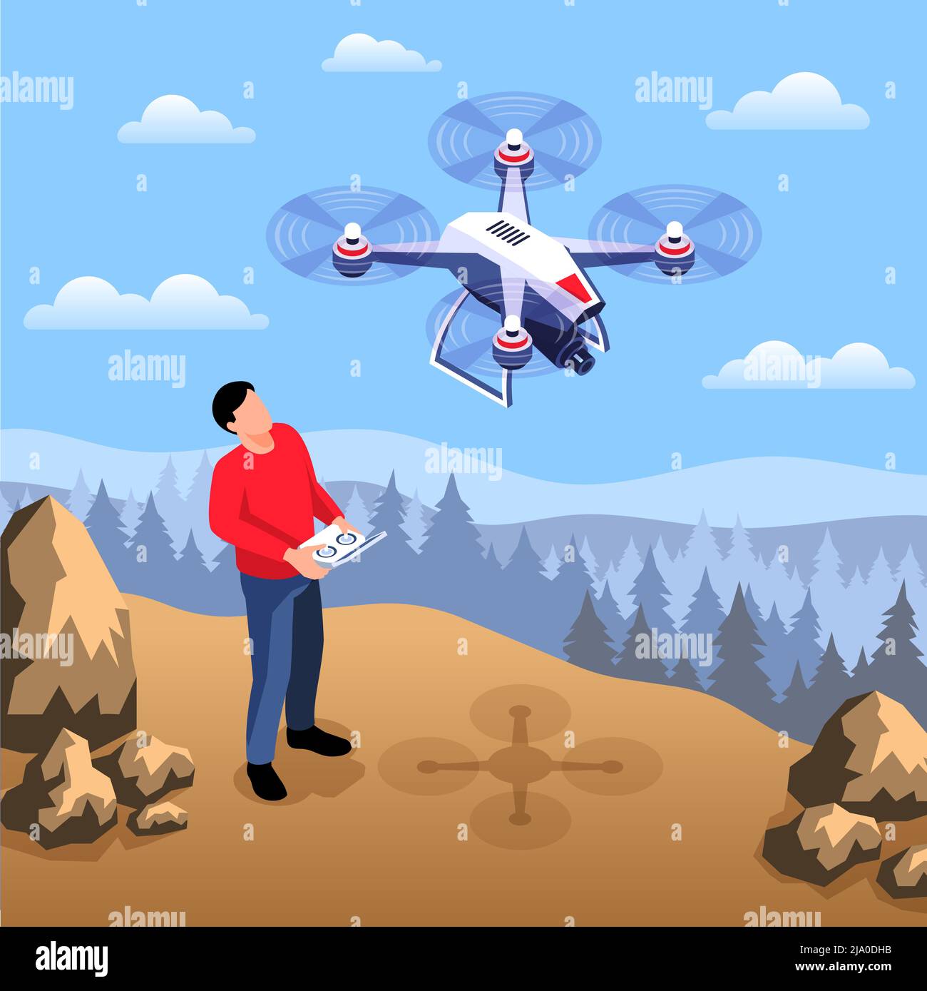 Isometric drone operator composition with wild outdoor landscape and ...