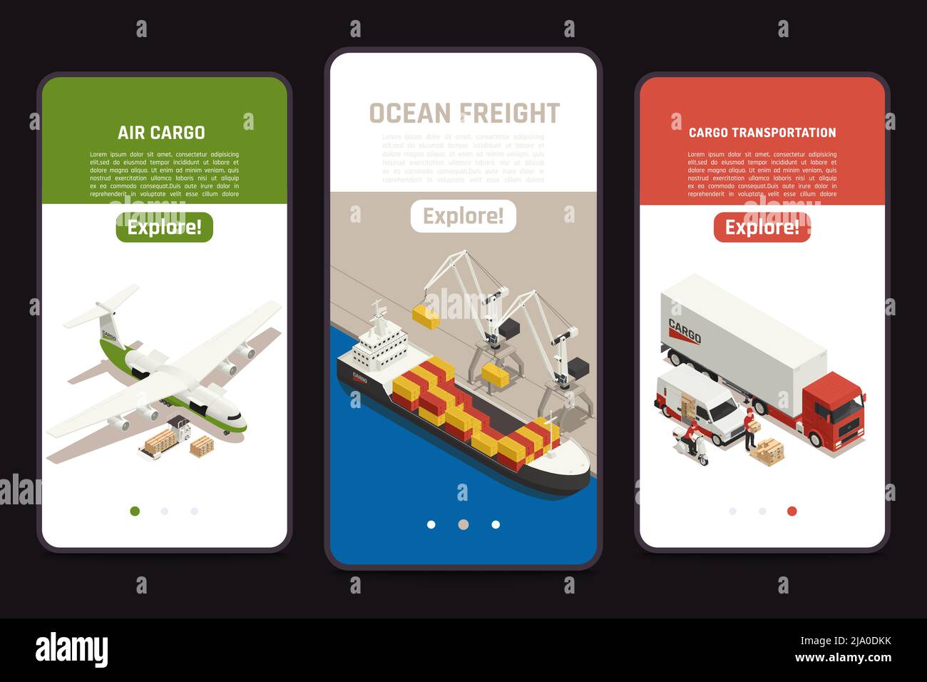 Cargo transportation 3 isometric mobile screens with air carrier ocean ...