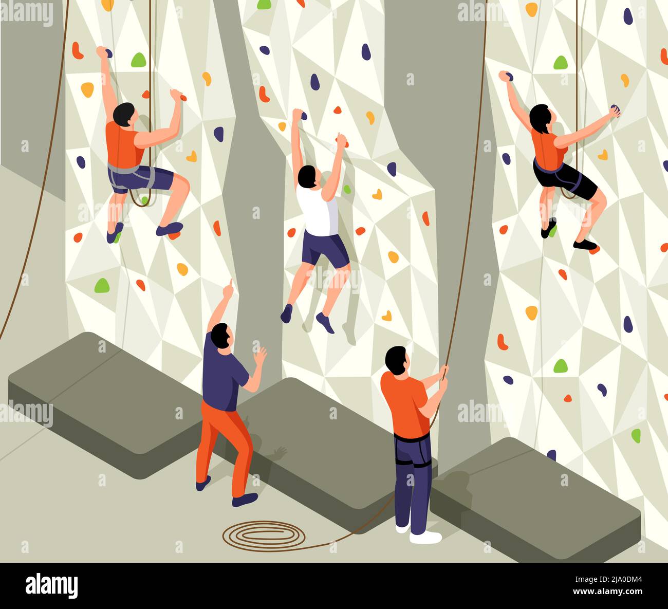 Isometric climbing composition with view of training wall with ropes ...