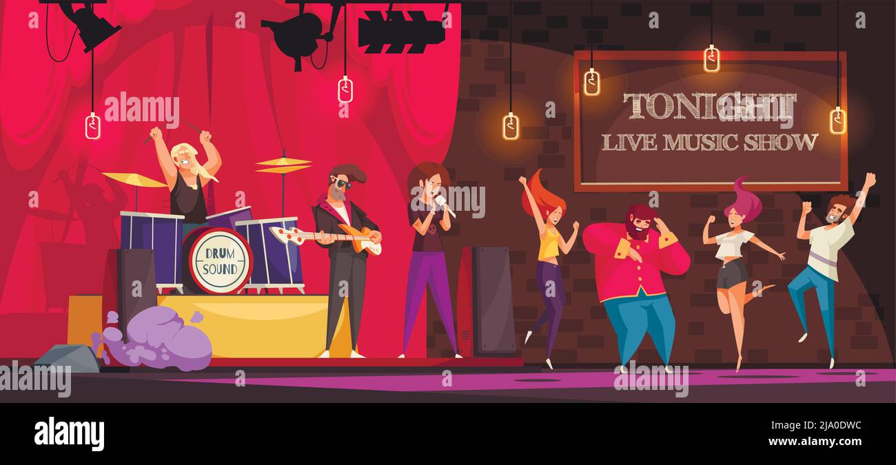 Rock band performing on stage and people dancing at live music show ...