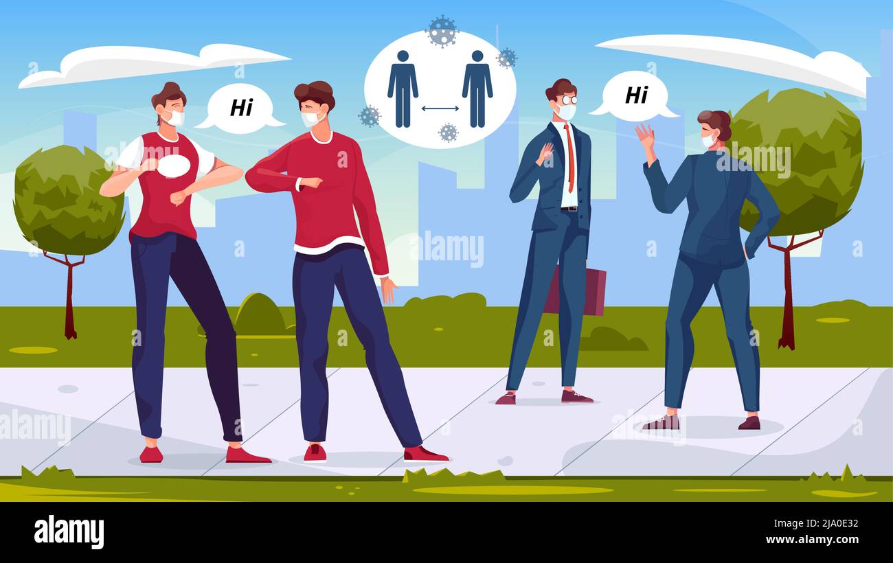 Social distance greeting flat composition with outdoor scenery with ...