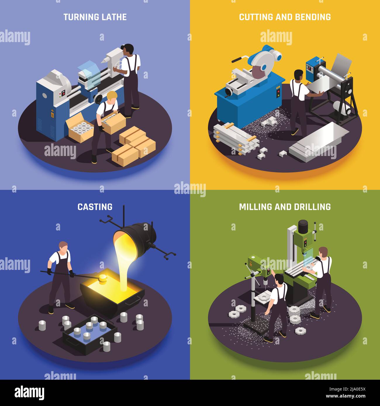 Metalworking operations 4 isometric compositions with turning lathe casting laborers cutting ...
