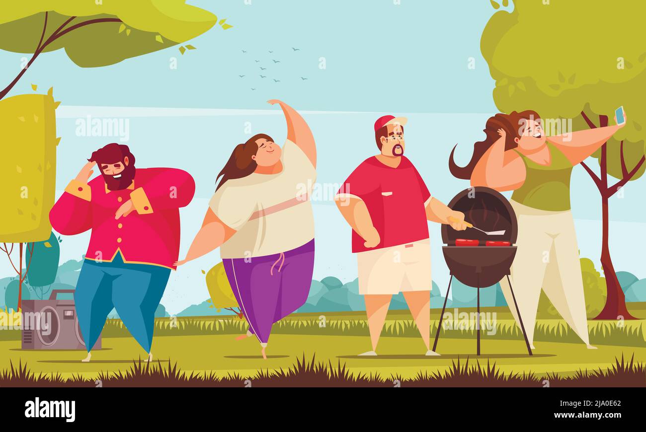 Body positive cheerful people have party in park cartoon vector ...