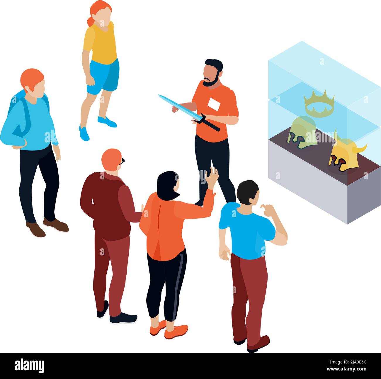 Excursion guide and group of tourists in historical museum 3d isometric ...