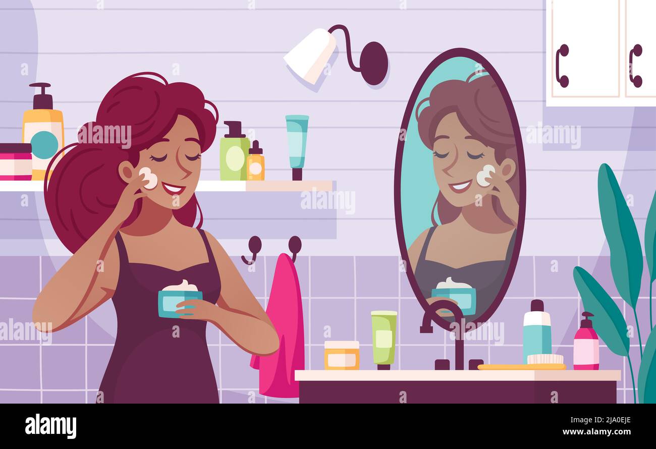 Skin care cartoon composition with young woman applying nourishing ...