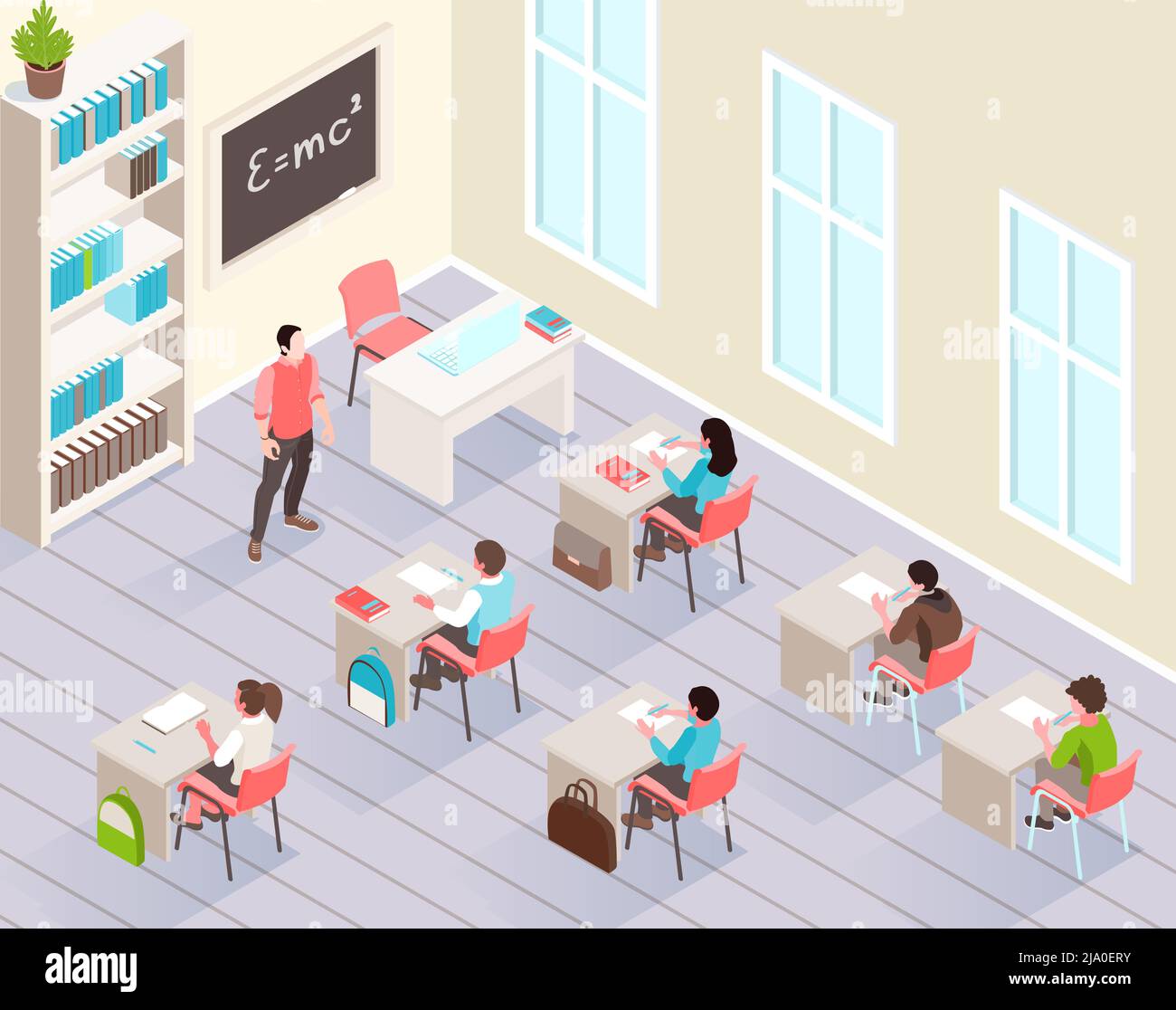 School classroom isometric background with pupils sitting at desks and ...