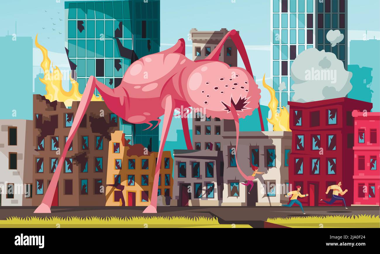 People running from huge monster attacking city and catching woman with ...