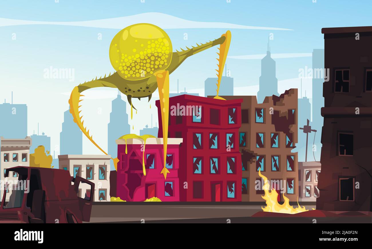 Big alien monster attacking city with tumble down houses cartoon vector ...