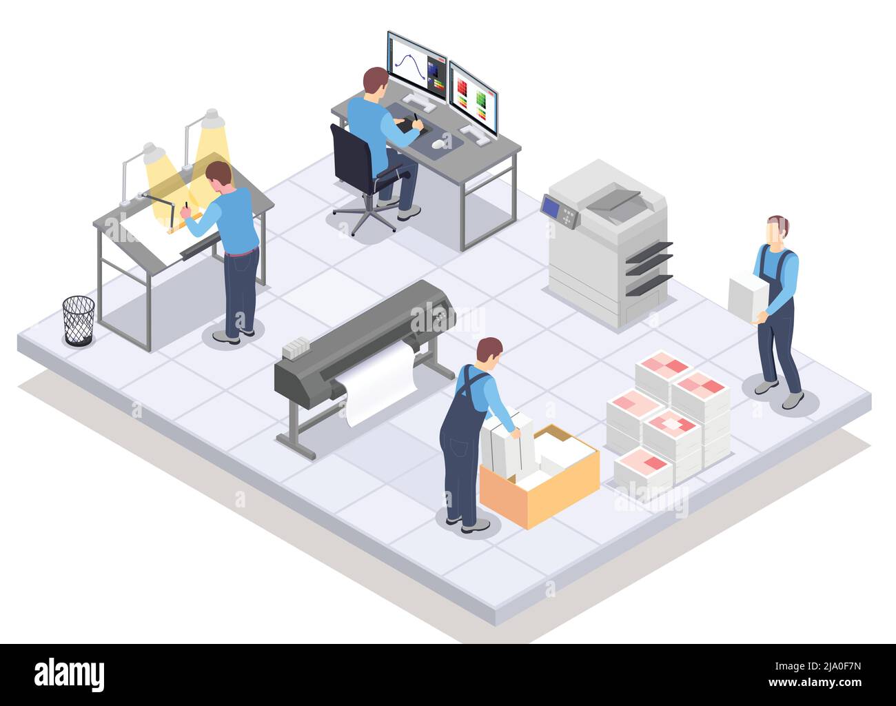Printing house isometric composition with human characters of workers at computers drawing ...