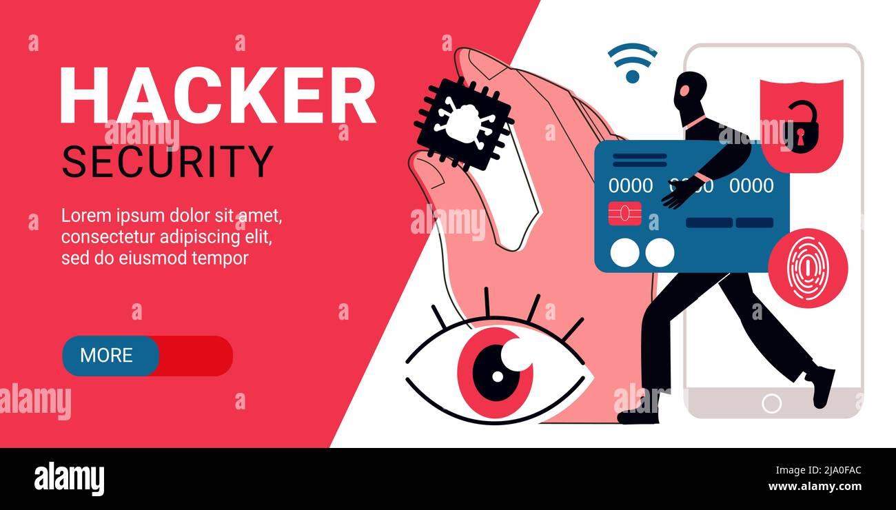 Hacker security flat horizontal banner with criminal wearing black mask ...